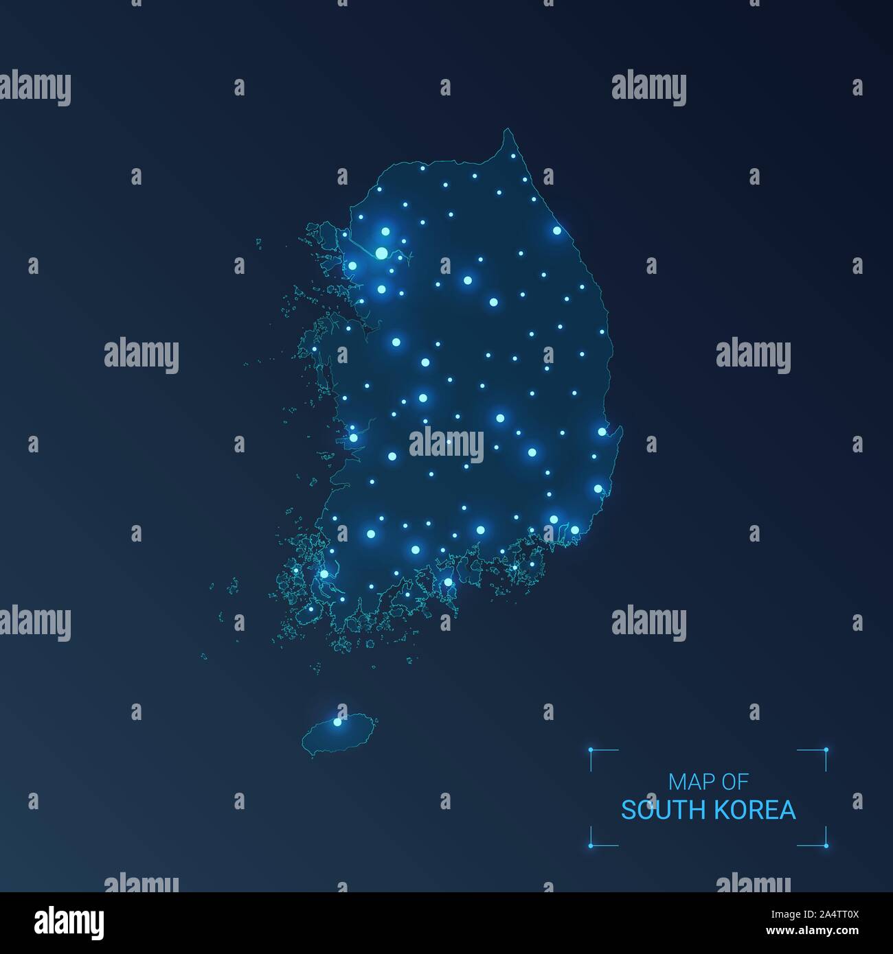 South Korea map with cities. Luminous dots - neon lights on dark ...