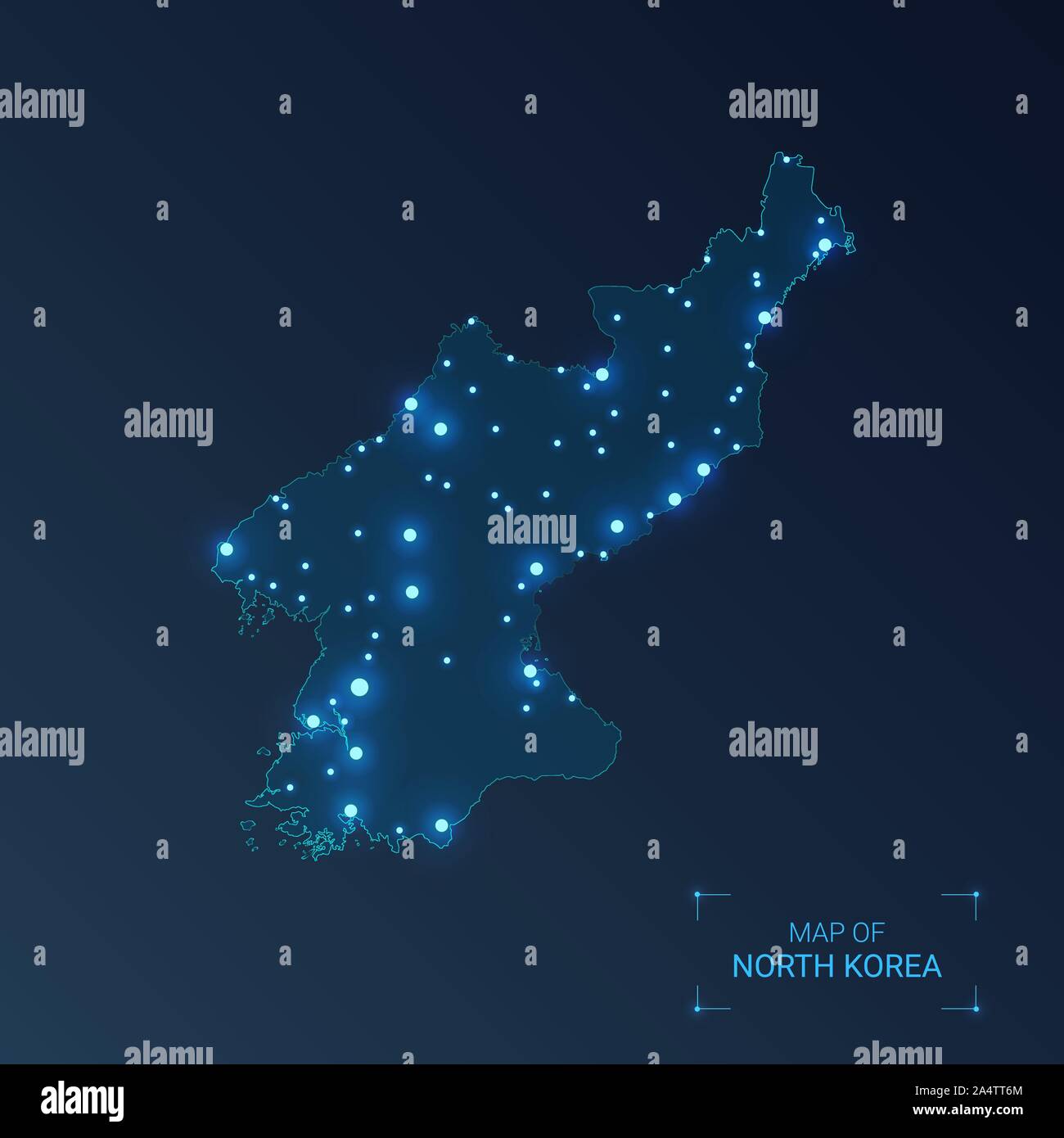 North Korea map with cities. Luminous dots - neon lights on dark ...
