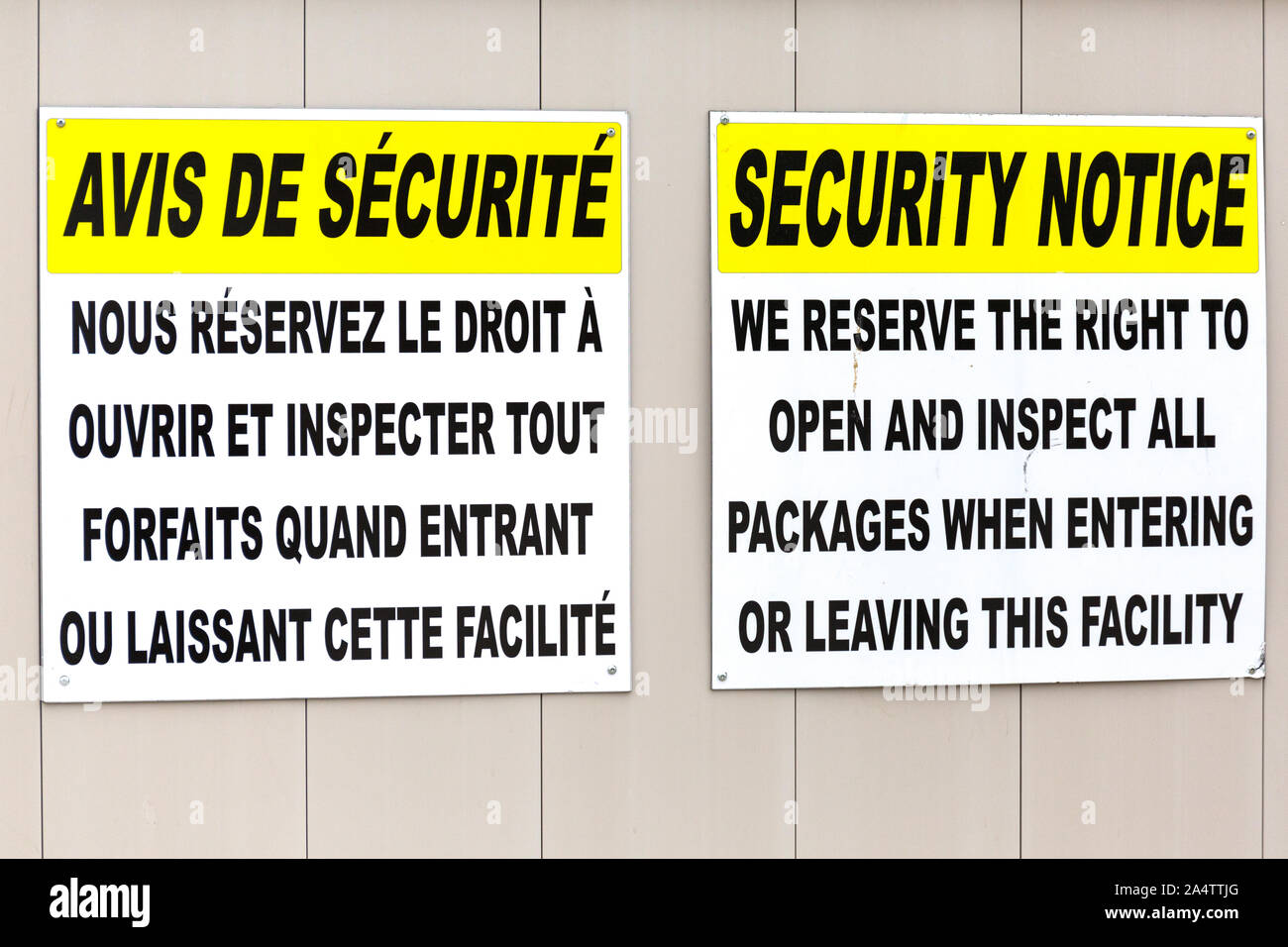 Corner Brook Newfoundland Canada. Security signs at port in French and ...