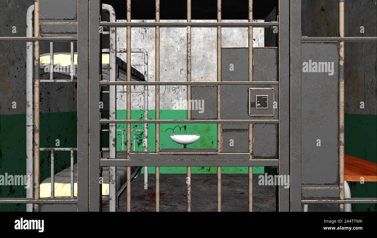 Computer generated grim prison interior through bars 3d rendering ...