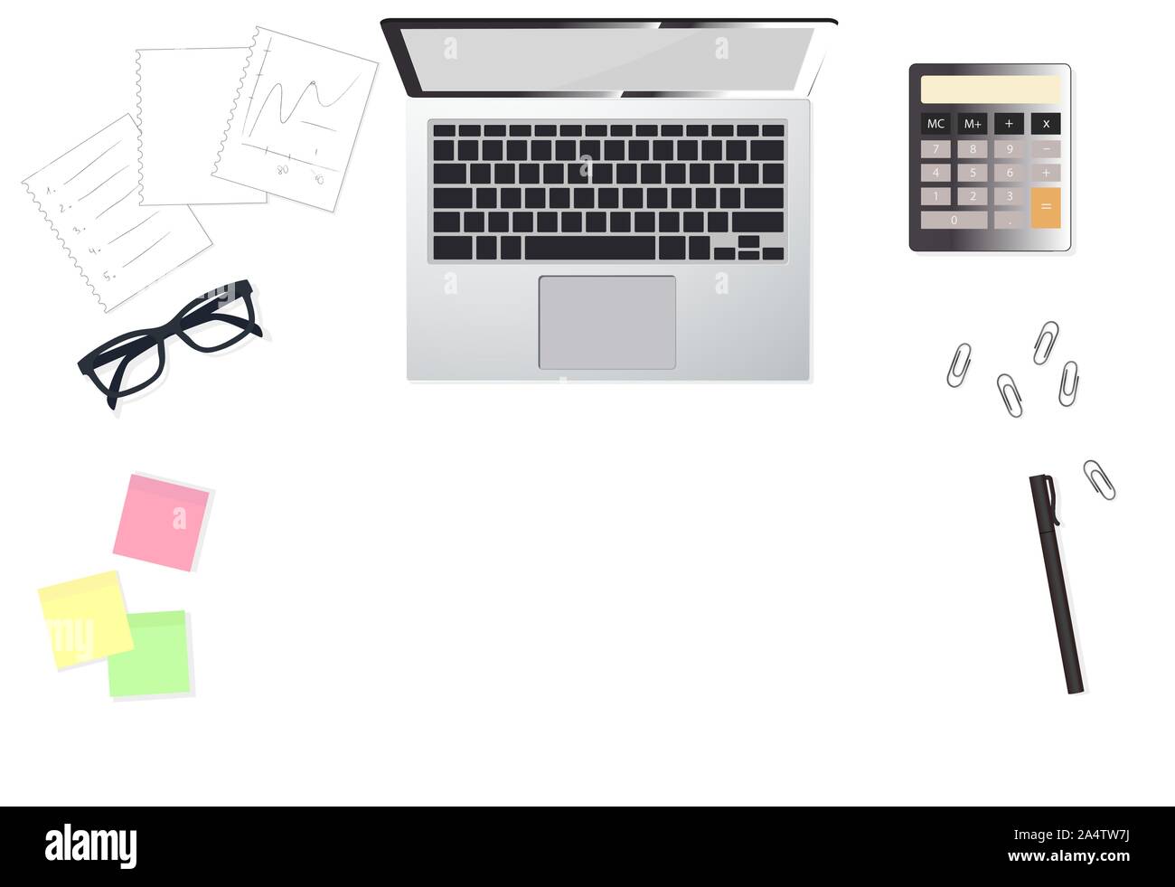 Business flat lay with lap top and graphs. Graphic illustration vector ...