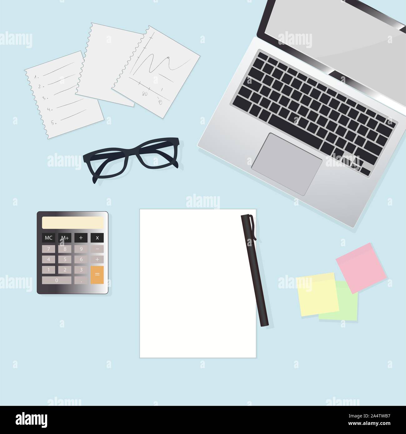 Business flat lay with lap top and graphs. Graphic illustration vector ...
