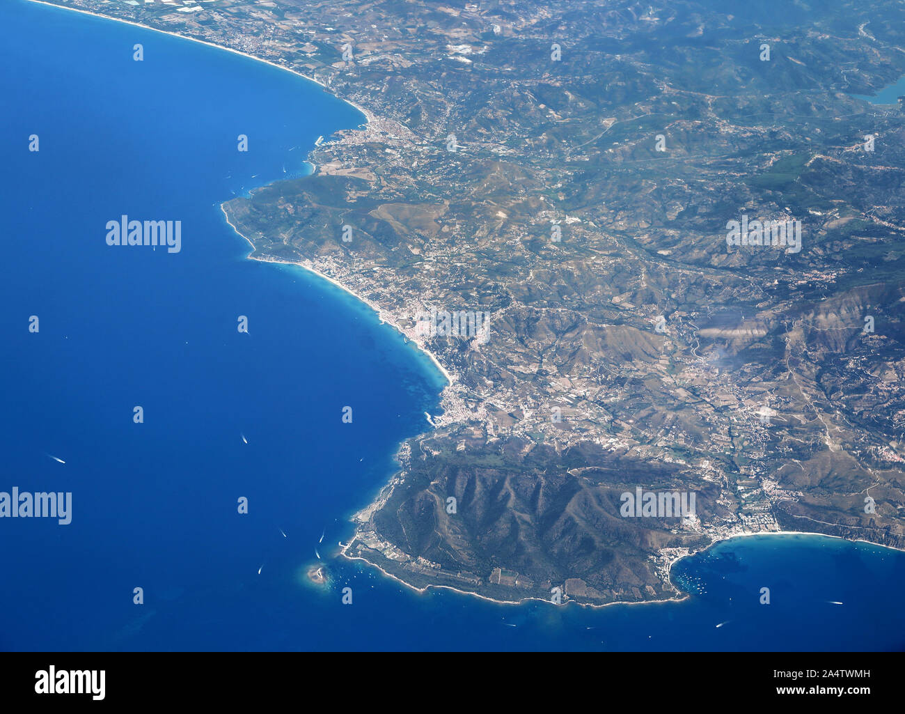 Aerial View of the Western Coast of Italy looking at the area around ...