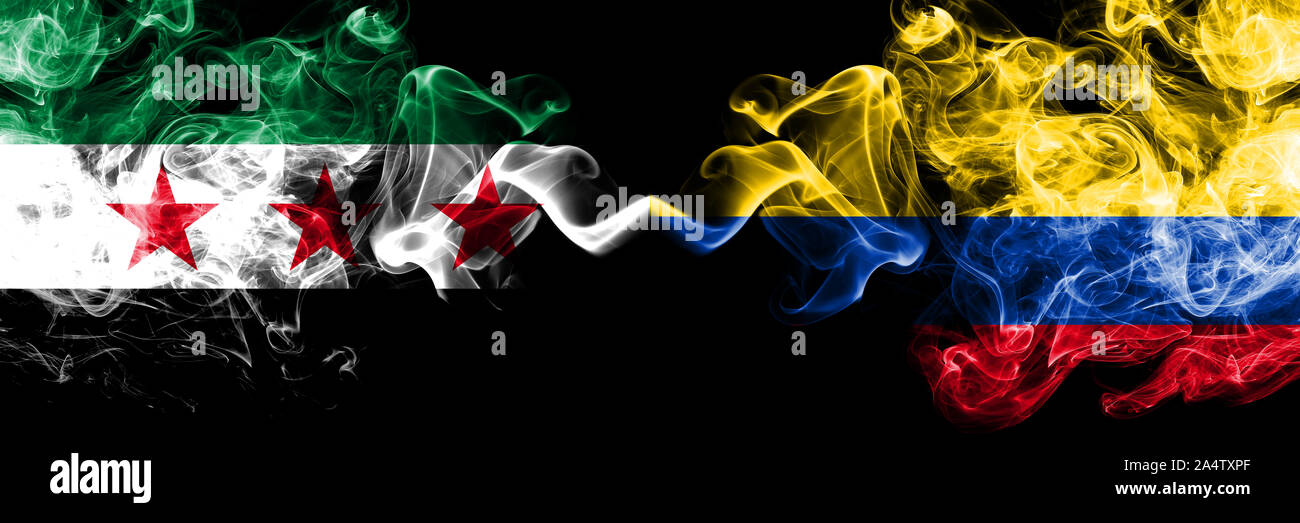 Syrian Arab Republic vs Colombia, Colombian smoke flags placed side by ...