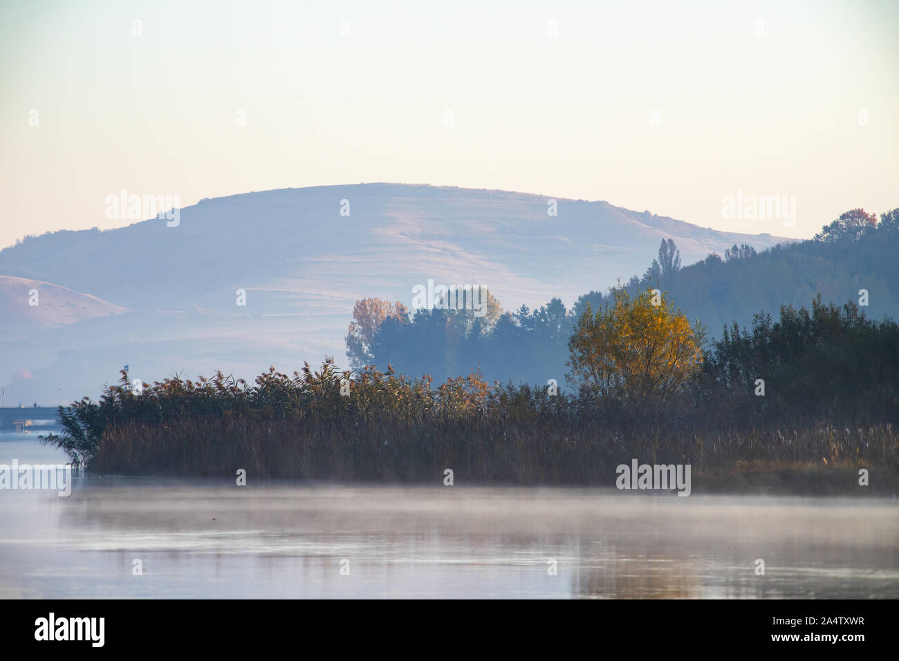 Colorful golden autumn colors over misty lake Stock Photo - Alamy