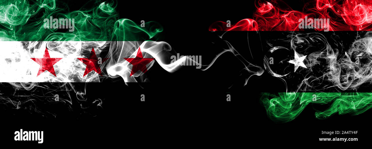 Syrian Arab Republic vs Libya, Libyan smoke flags placed side by side ...