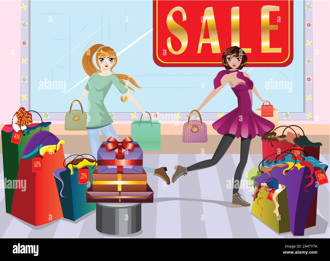 Cartoon fashion girls in casual outfit with shopping bags at shopping ...