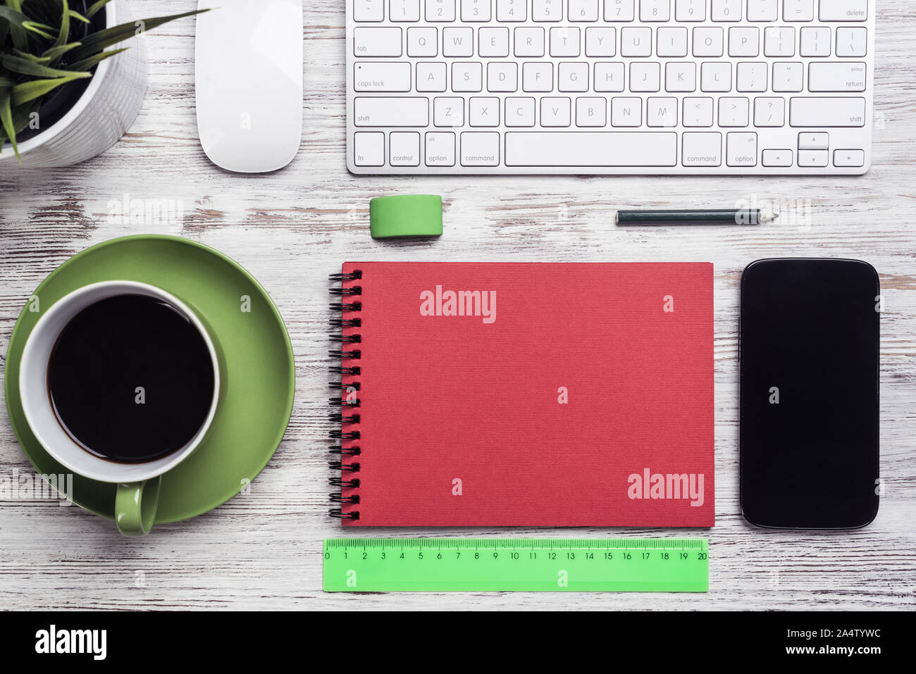 Top view modern office employee workspace. Coffee time at work. Flat ...