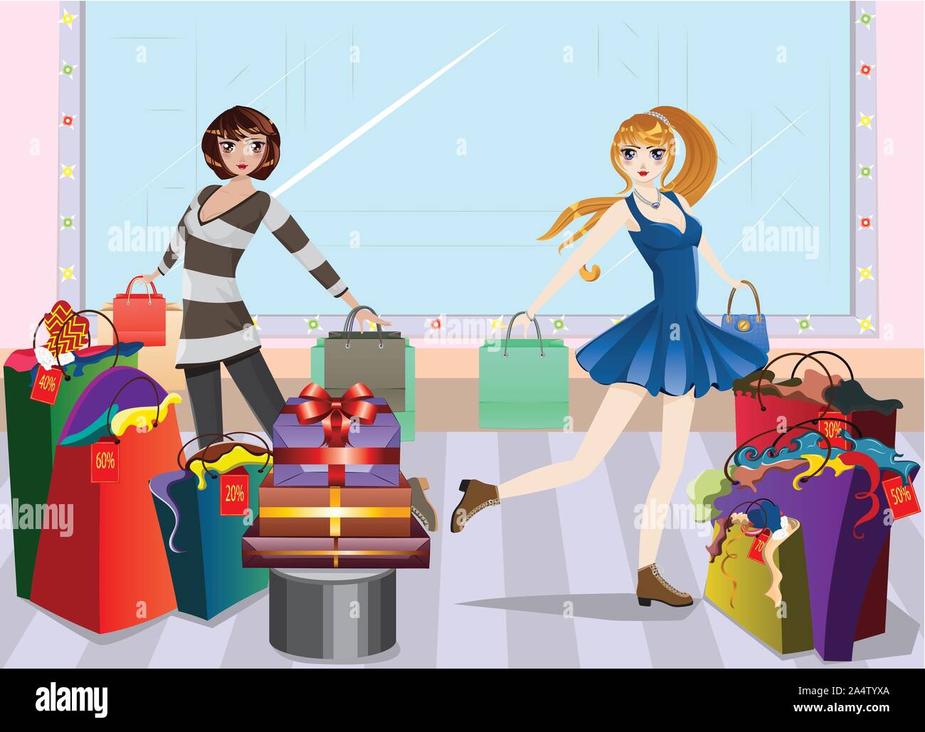 Cartoon fashion girls in casual outfit with shopping bags at shopping ...