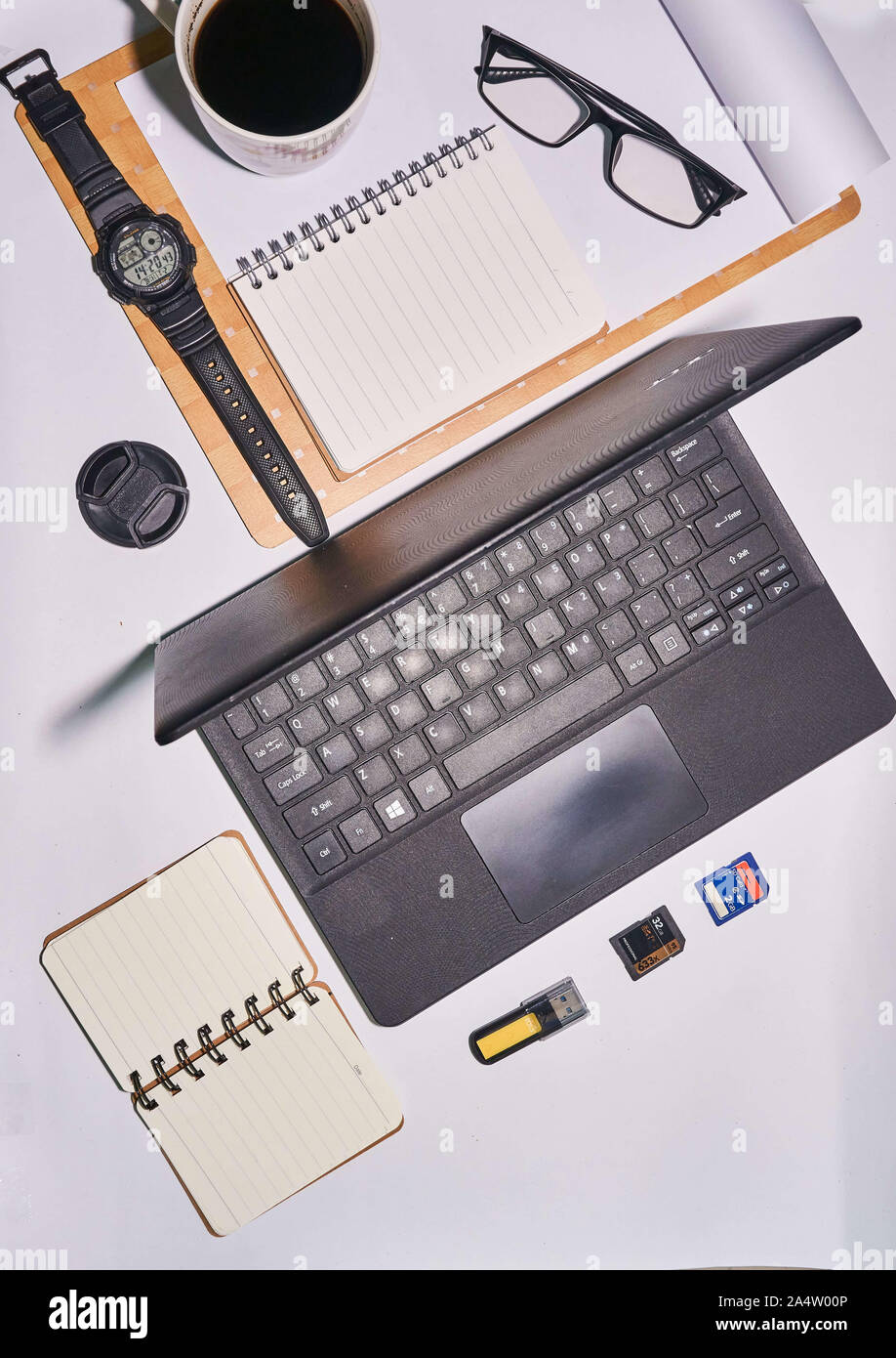 Flat lay, top view minimalist office table desk. Workspace on white ...