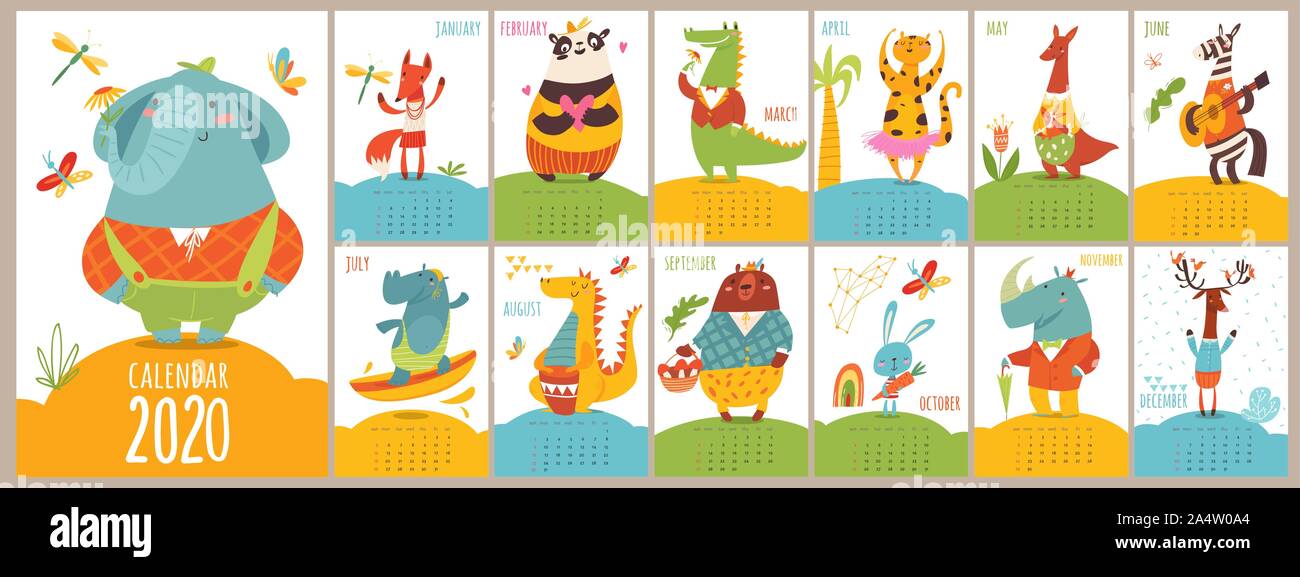 Cartoon vector 2020 calendar with funny wild animals Stock Vector Image ...