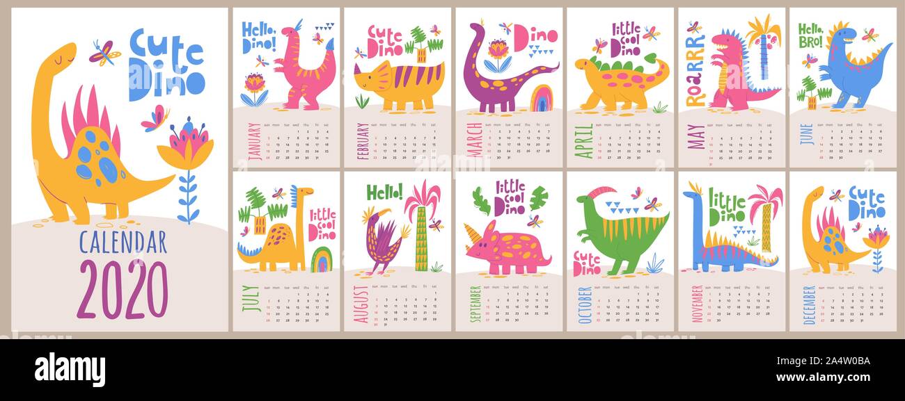 Vector 2020 calendar template with dinosaurs in kids cartoon style ...