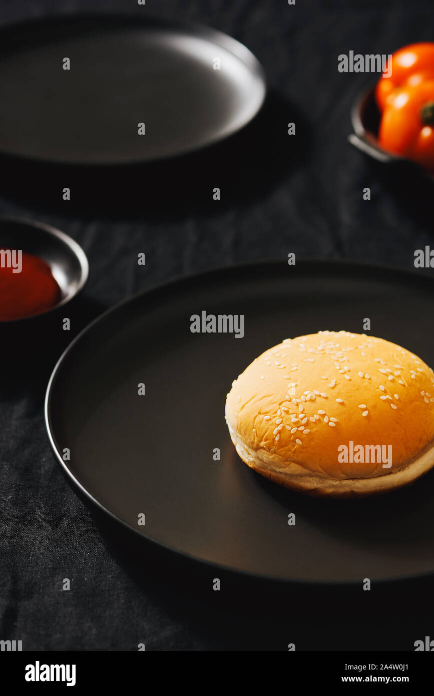 Process making of burger, step by step isolated on black background ...