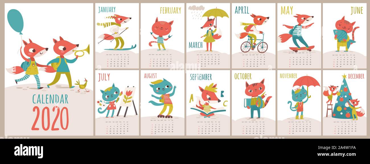 Vector 2020 calendar template with cats and foxes in kids cartoon style ...