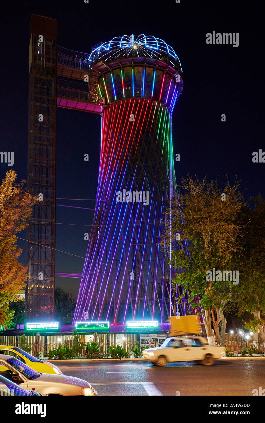 colorful illuminated Shukhova Water Tower, Bukhara, Uzbekistan, Central ...