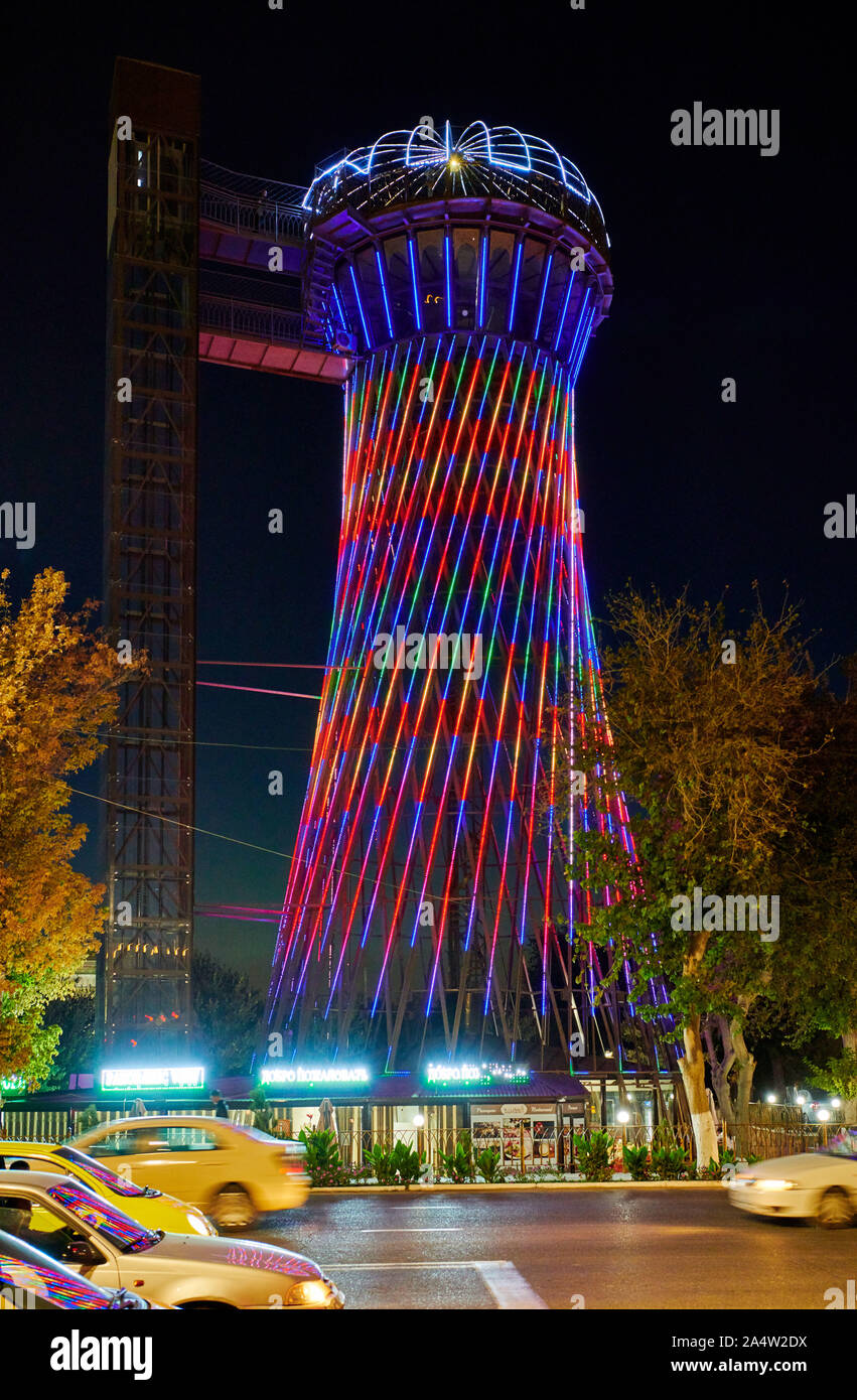 colorful illuminated Shukhova Water Tower, Bukhara, Uzbekistan, Central ...