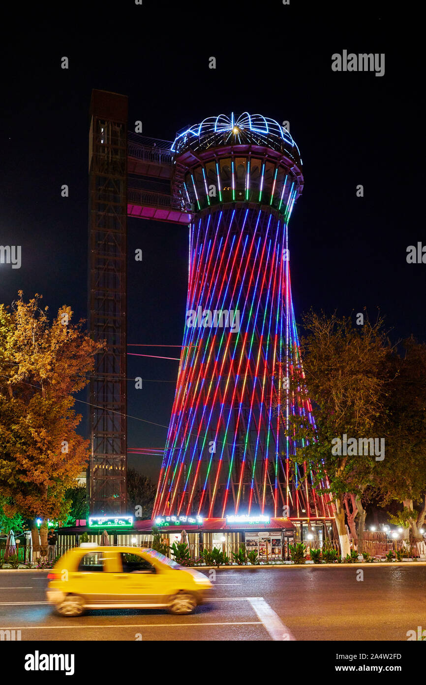 colorful illuminated Shukhova Water Tower, Bukhara, Uzbekistan, Central ...