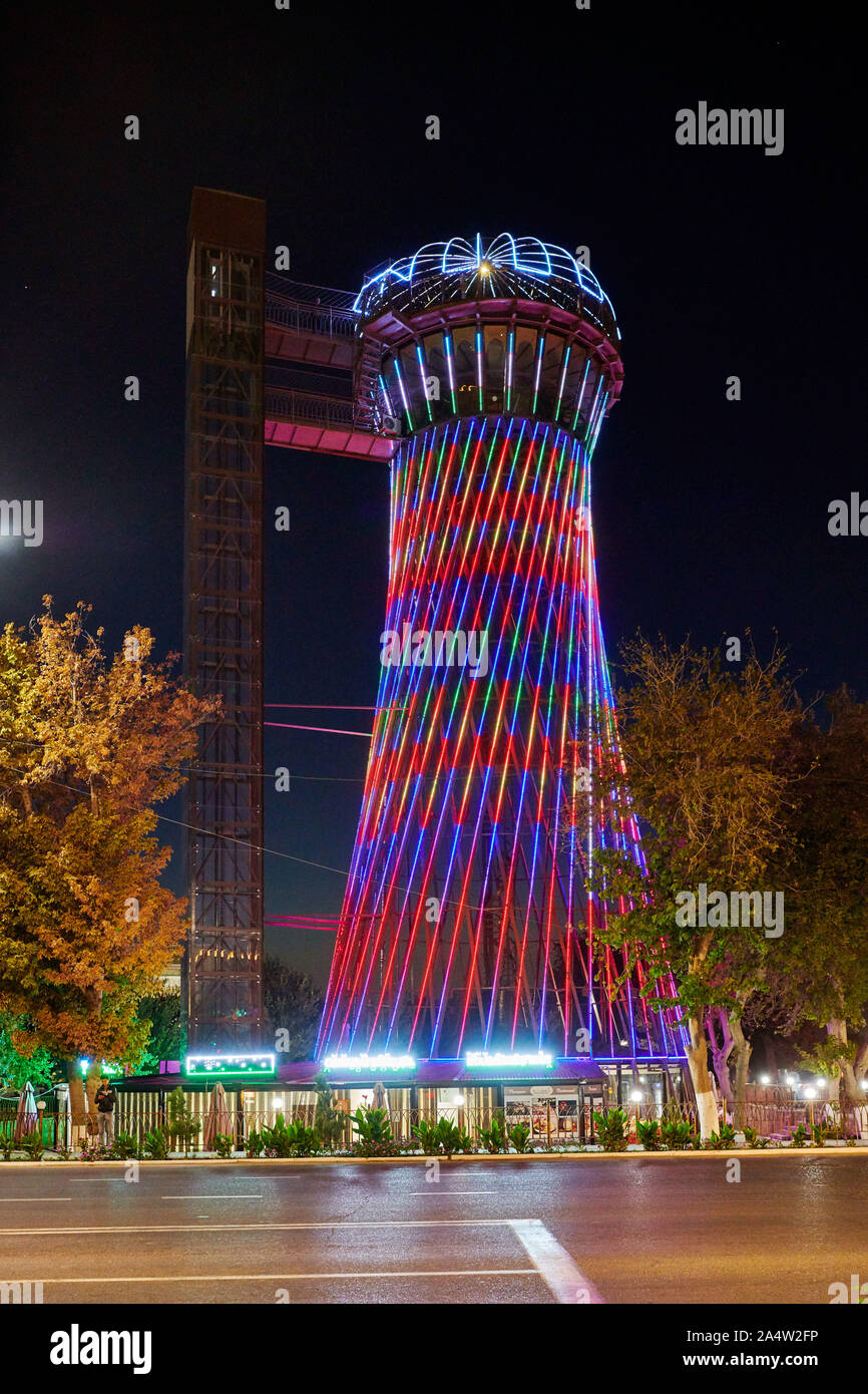 colorful illuminated Shukhova Water Tower, Bukhara, Uzbekistan, Central ...