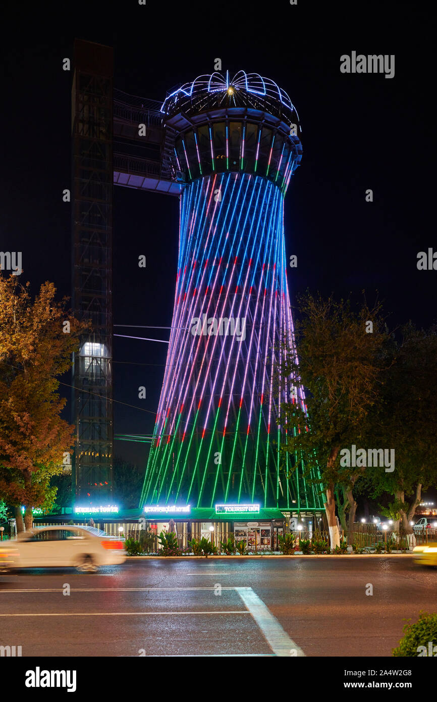 colorful illuminated Shukhova Water Tower, Bukhara, Uzbekistan, Central ...