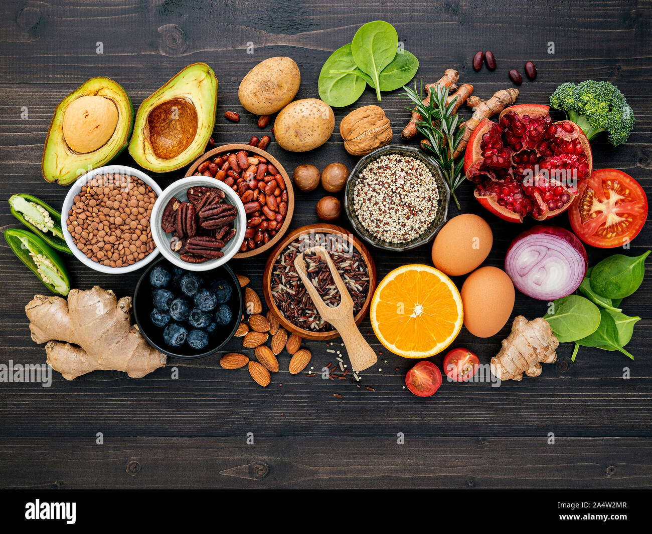 Ingredients for the healthy foods selection on dark background ...