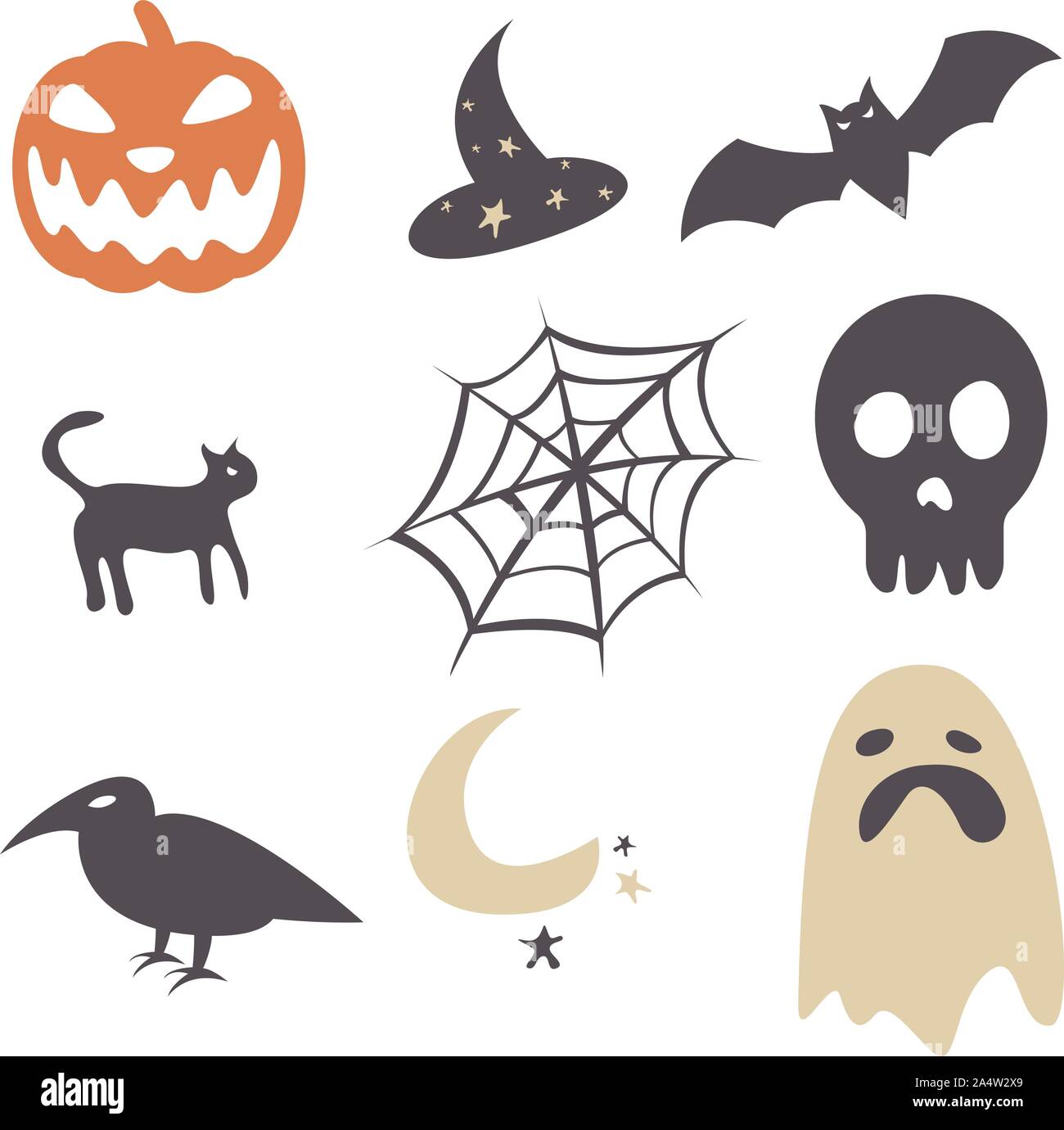 Cartoon Halloween icon set vector simple cartoon style. Pumpkin, ghost ...