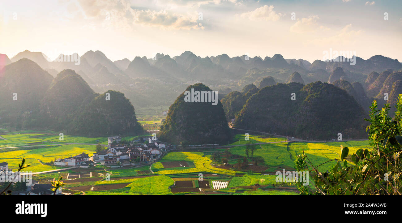 Panoramic view of Rapeseed flower field and villages at Wanfenglin ...