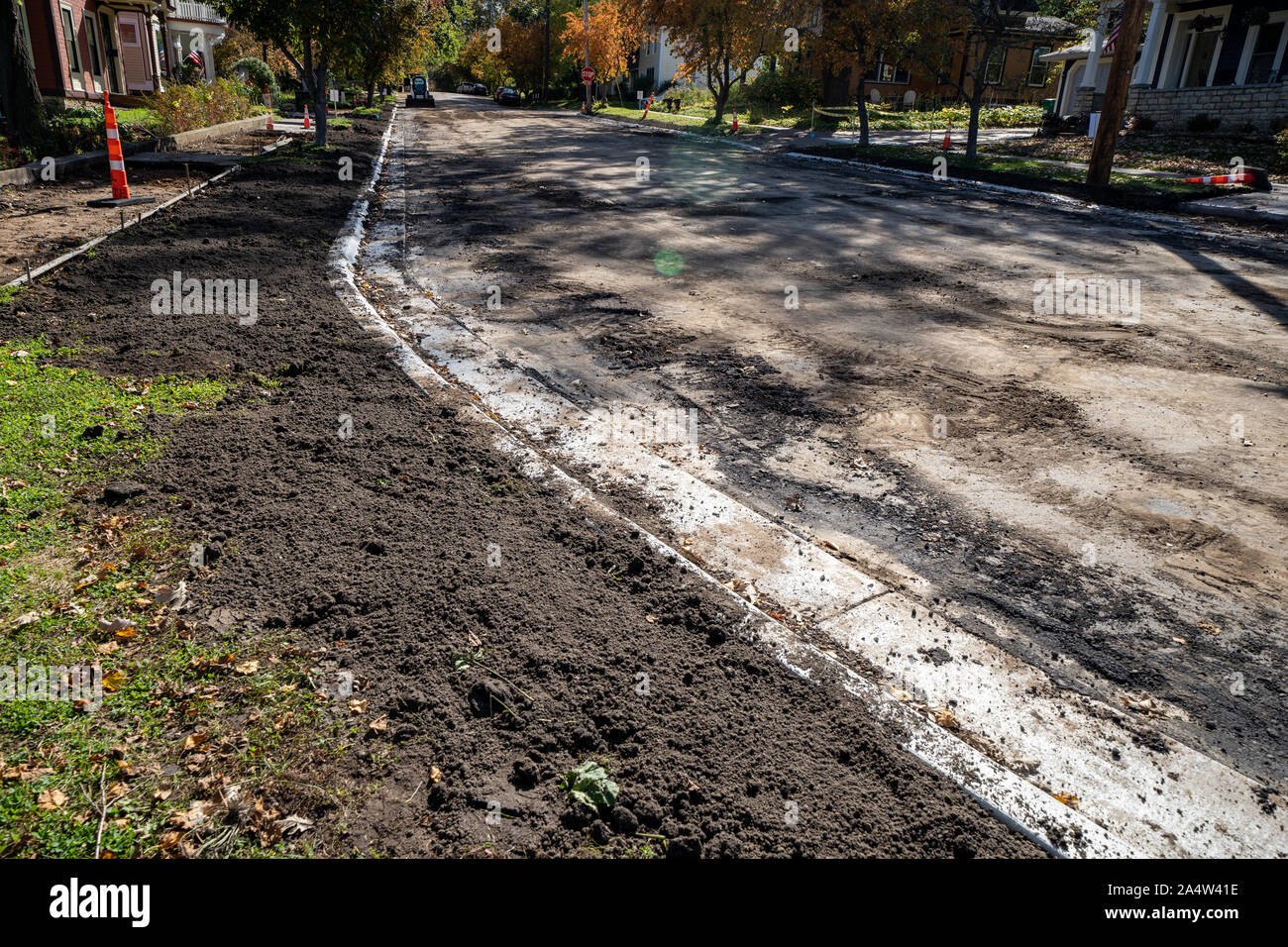Sidewalk under construction in a residential neighborhood. Walking path ...