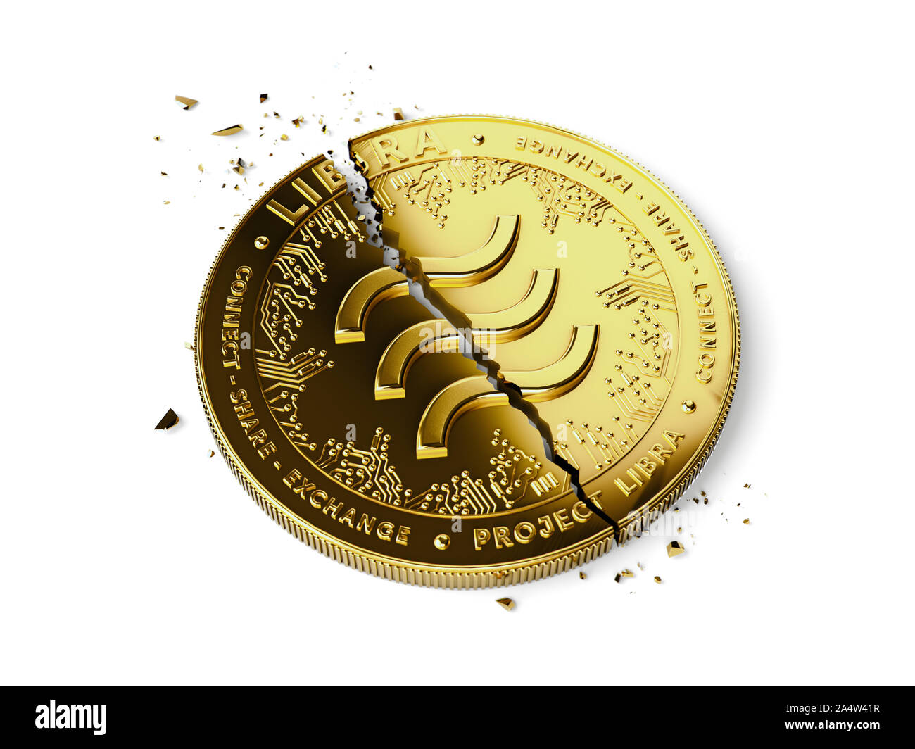 A broken or cracked Libra concept coin is laying isolated on white ...