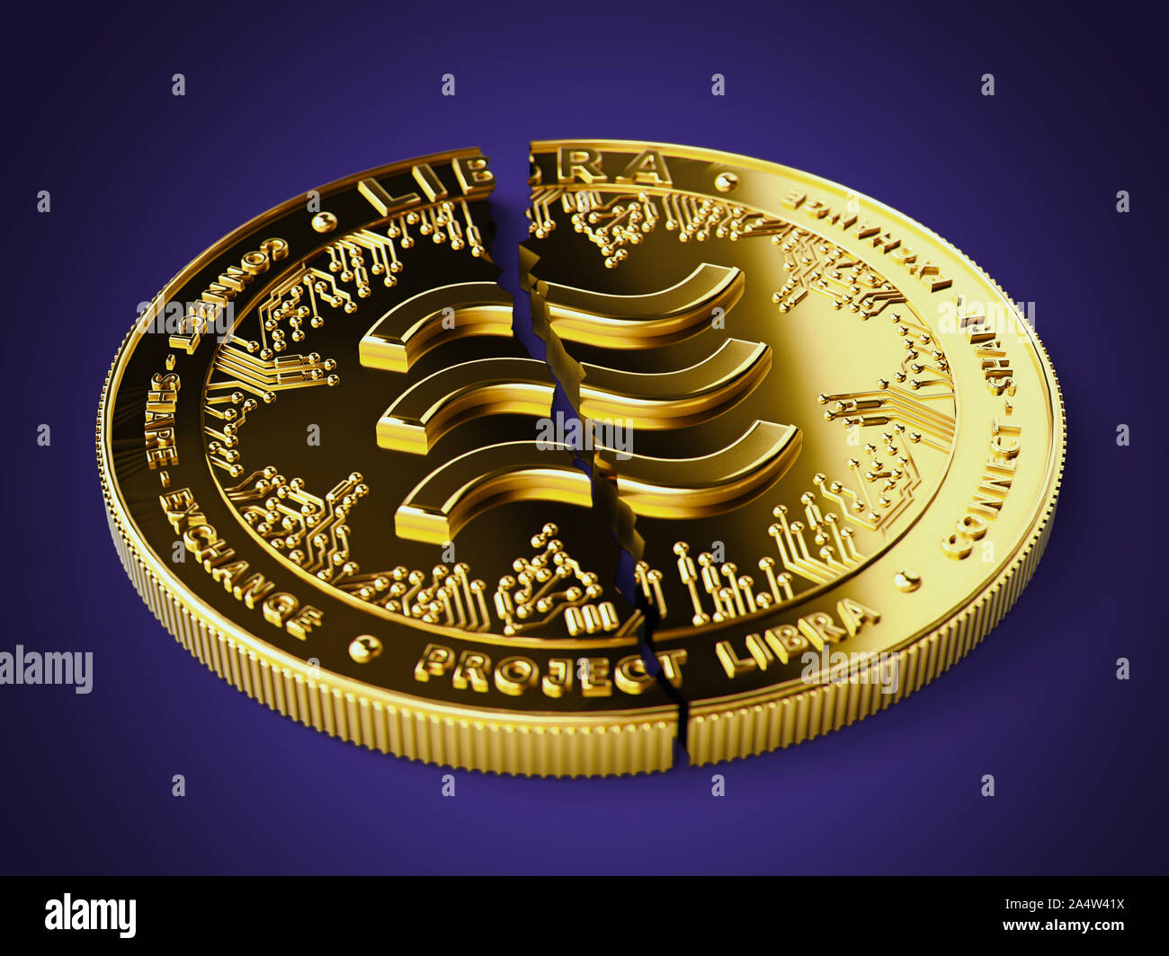 A broken or cracked Libra concept coin is laying on violet background ...
