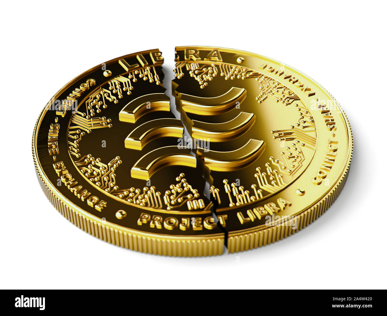 Cracked Libra concept coin is laying isolated on white background ...