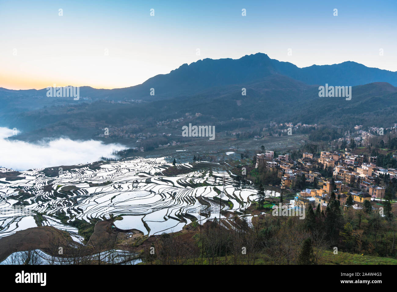 Small village and Terraced rice fields of YuanYang , China with sea of ...