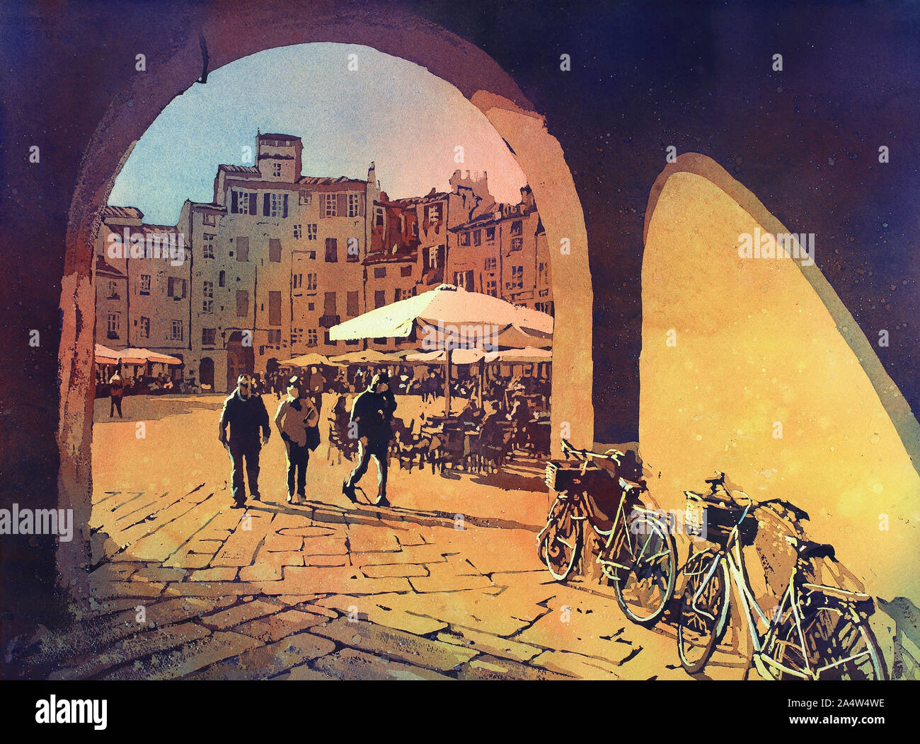 Watercolor painting of Lucca, Italy- people in the Anfiteatro central ...
