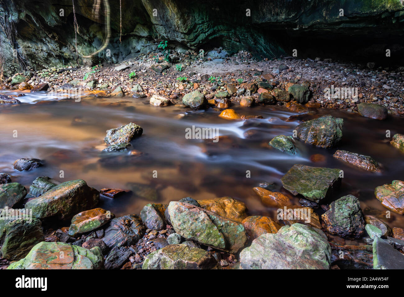 Small waterfall with stone and foliage in the cave Stock Photo - Alamy