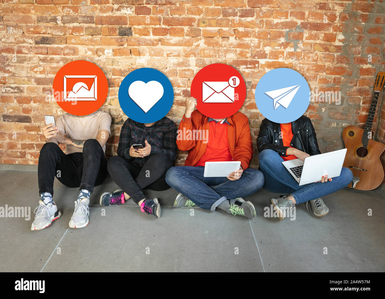 Creative millenial people connecting and sharing social media. Modern ...