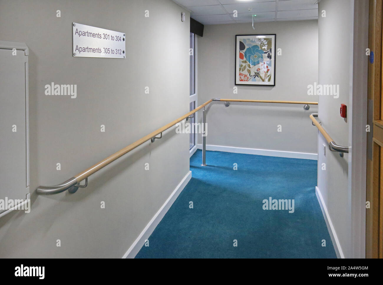 Access corridor in a newly refurbished care home near Wakefield, UK ...
