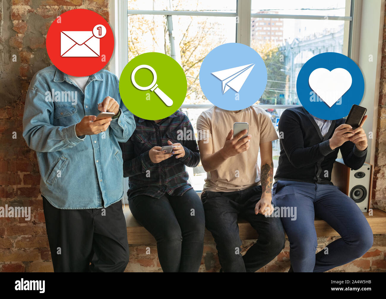 Creative millenial people connecting and sharing social media. Modern ...