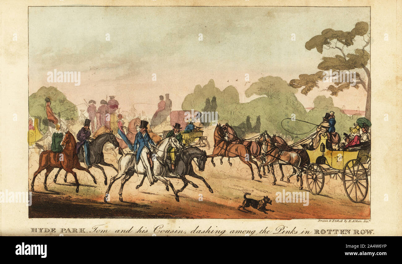 Regency gentlemen riding in Hyde Park, London, on a Sunday. Ladies in ...