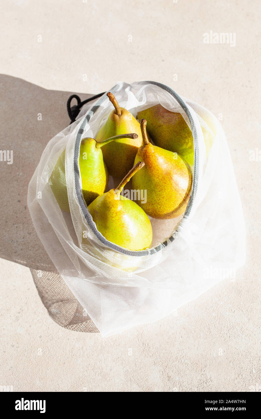 pears fruits in reusable mesh nylon bag, plastic free zero waste ...
