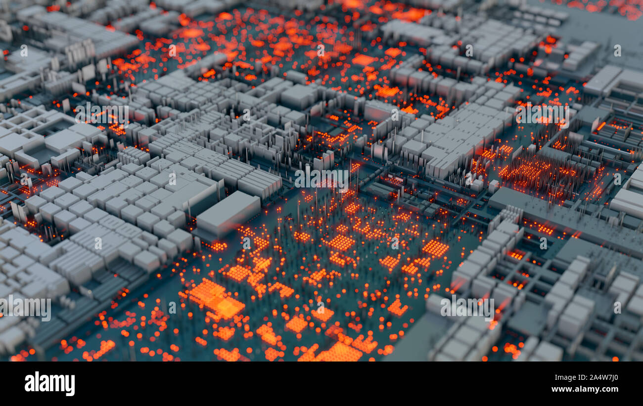 Abstract futuristic design. Tech wall with red bright elements. DOF ...