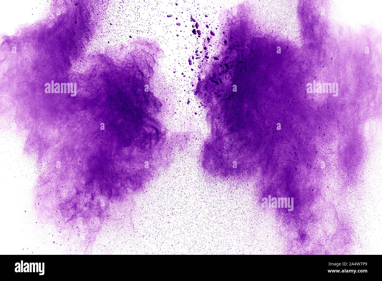 Purple color powder explosion cloud on white background.Closeup of ...