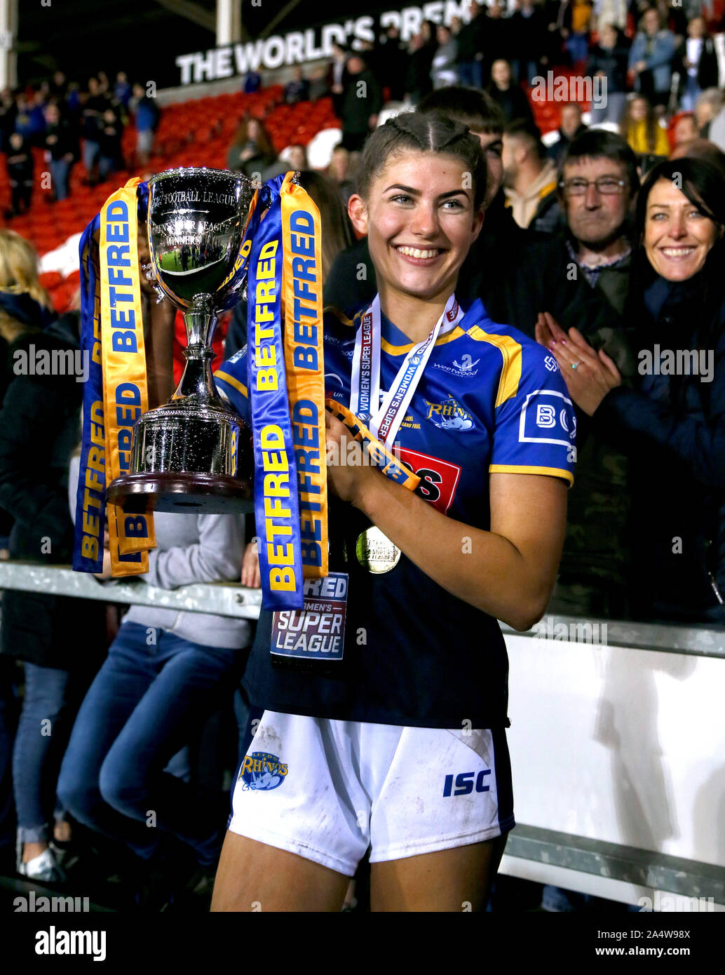Leeds Rhino's women Elle Frain celebrates with the trophy after the ...
