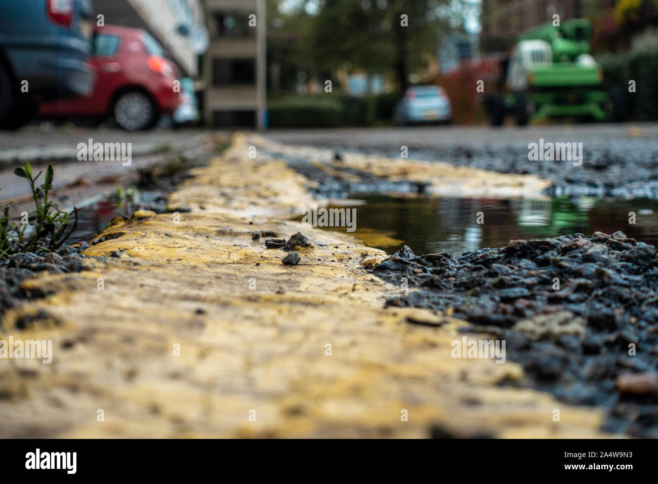 A low angle, shallow depth of field view of a puddle at the edge of a ...