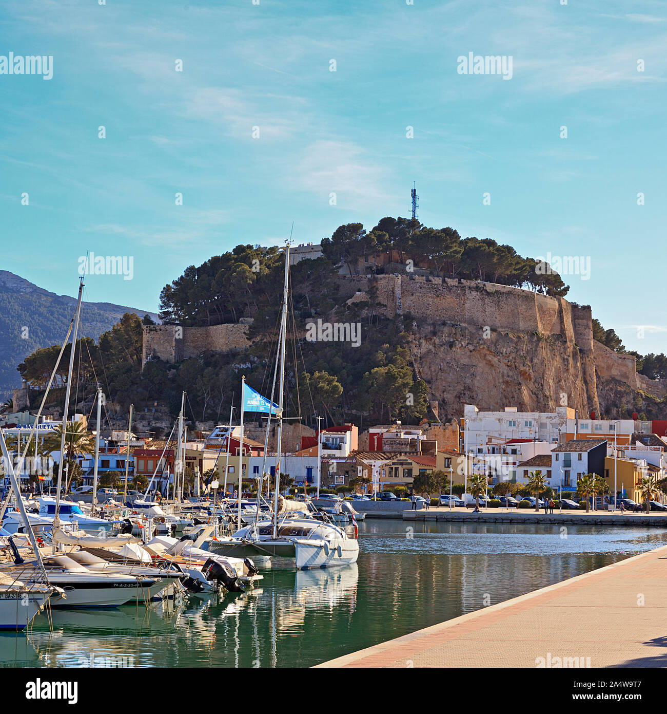 Dénia Castle viewed from El Portet Marina, Dénia, Costa Blanca, Spain ...
