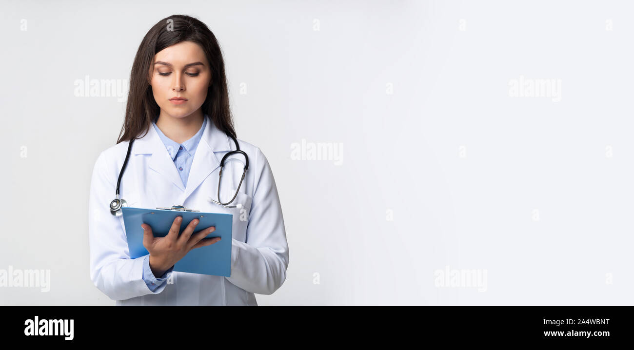 Doctor Woman Holding Folder Standing Taking Notes, Studio, Panorama ...