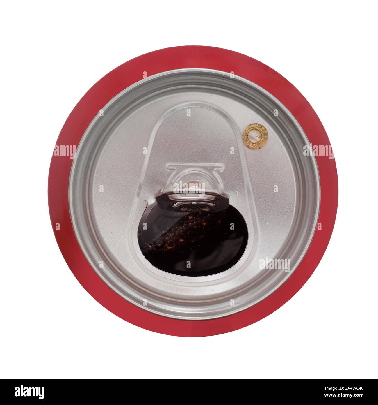 Red cola, soda drinks can seen from above. With drop of fizzy drink ...