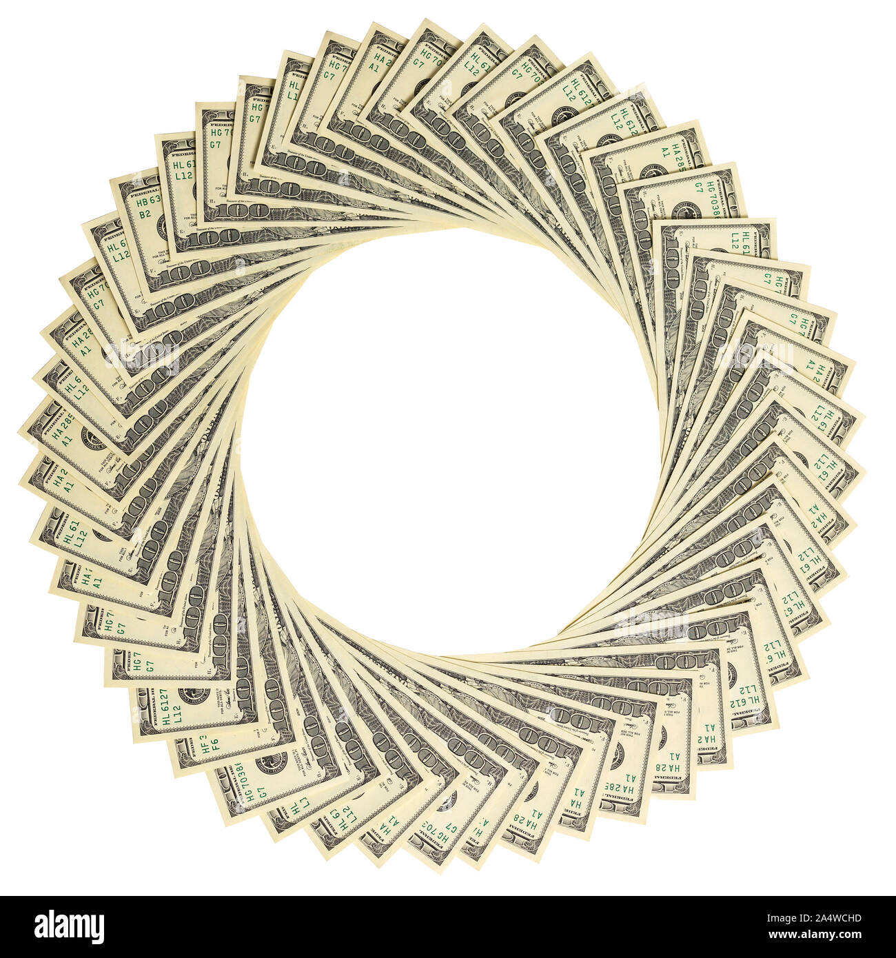 cash circle made of hundred dollar banknotes isolated on white ...