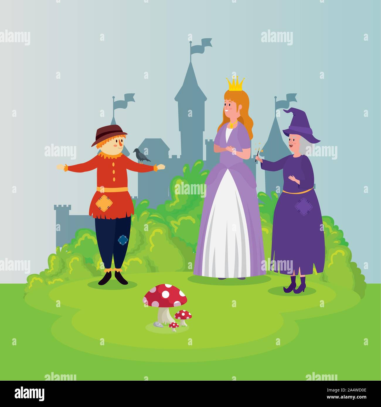 princess with scarecrow and witch in scene fairytale Stock Vector Image ...