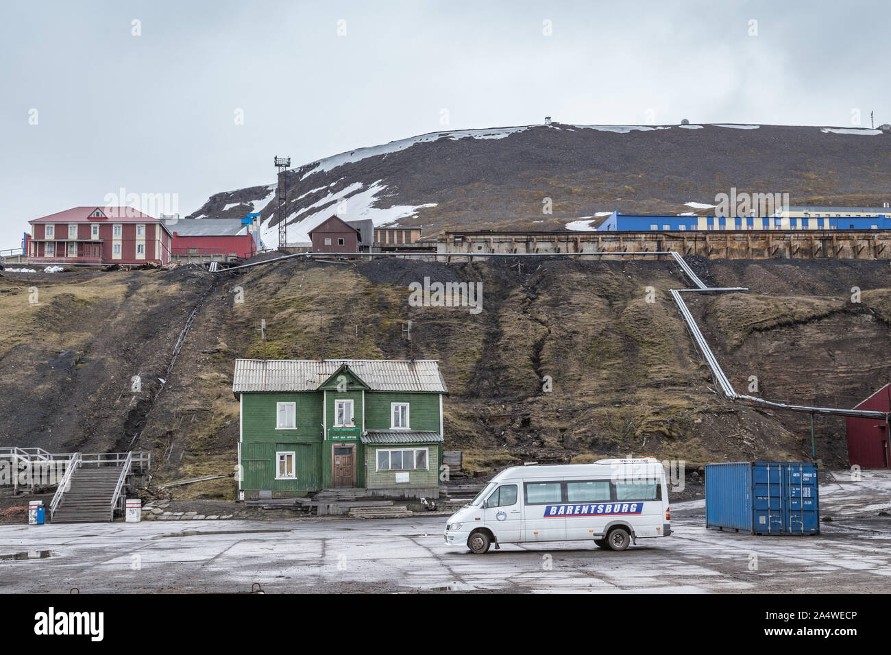 Port sea office at the harbour in the Russian coal mining settlement ...