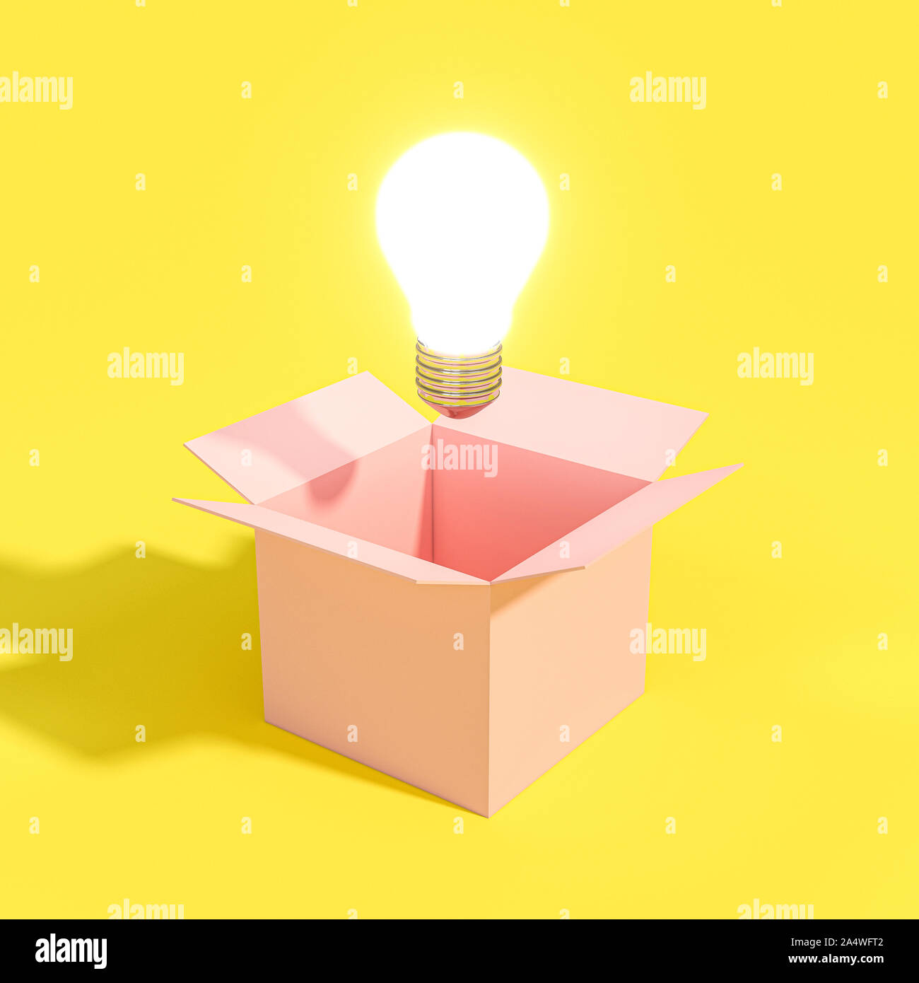 3d image of a lit light bulb coming out of an empty box. concept of ...