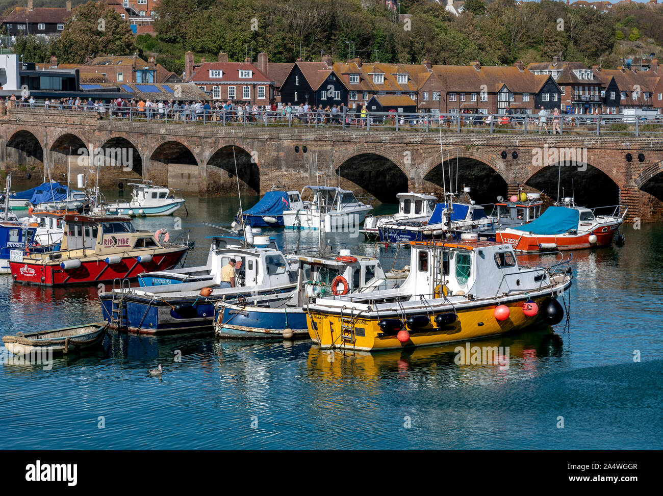 Folkestone harbour. With fishing boats, yachts, little boats and speed ...
